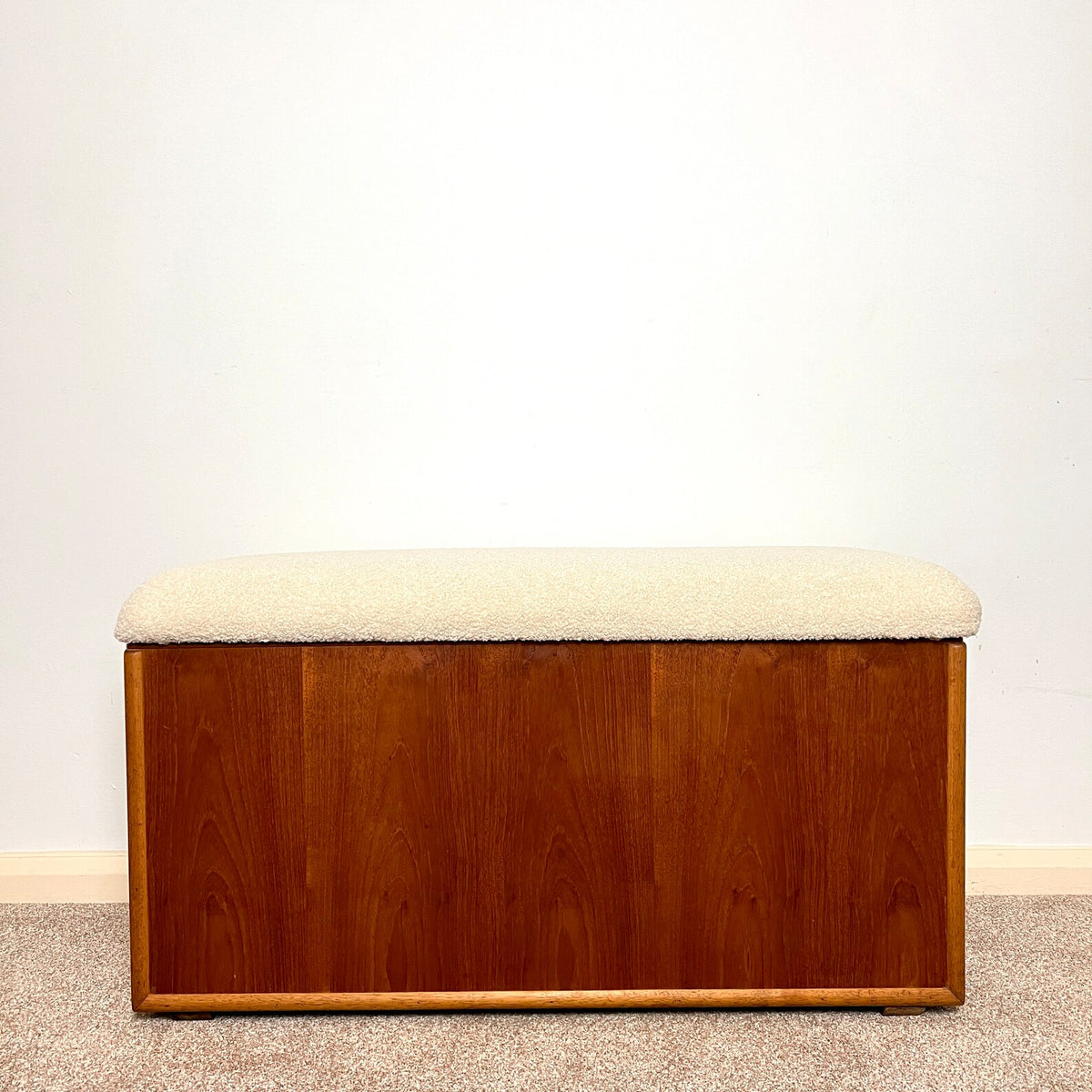 Mid Century Teak Veneer Blanket Box with cream sherpa padded upholster