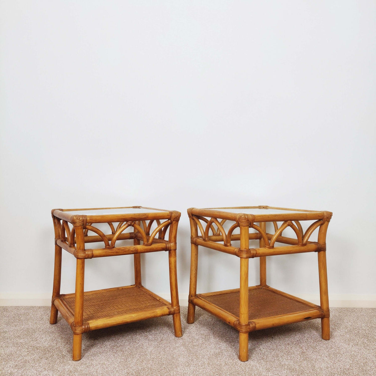 A Pair of Cane Bedside Tables , Boho Tiki Side Table