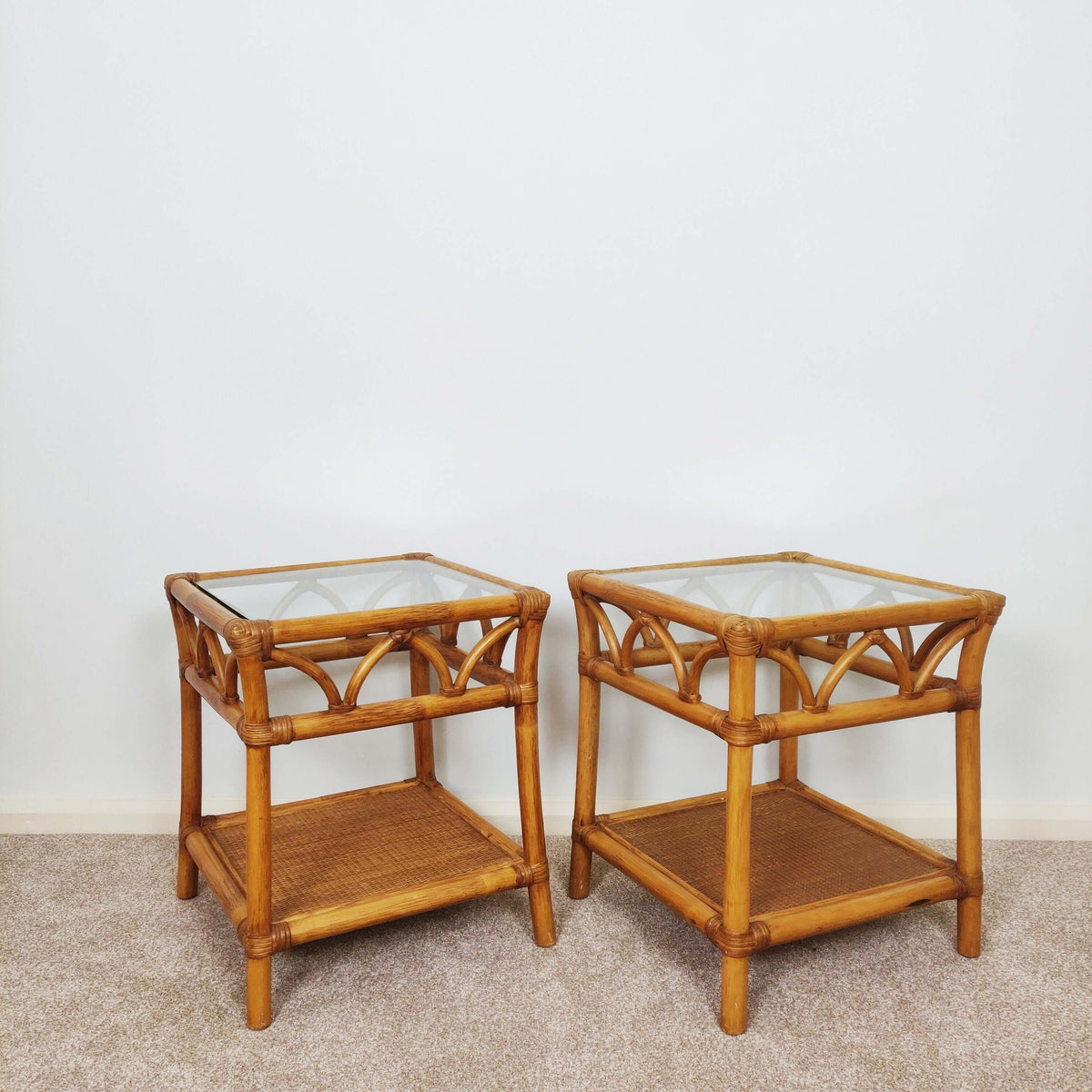 A Pair of Cane Bedside Tables , Boho Tiki Side Table