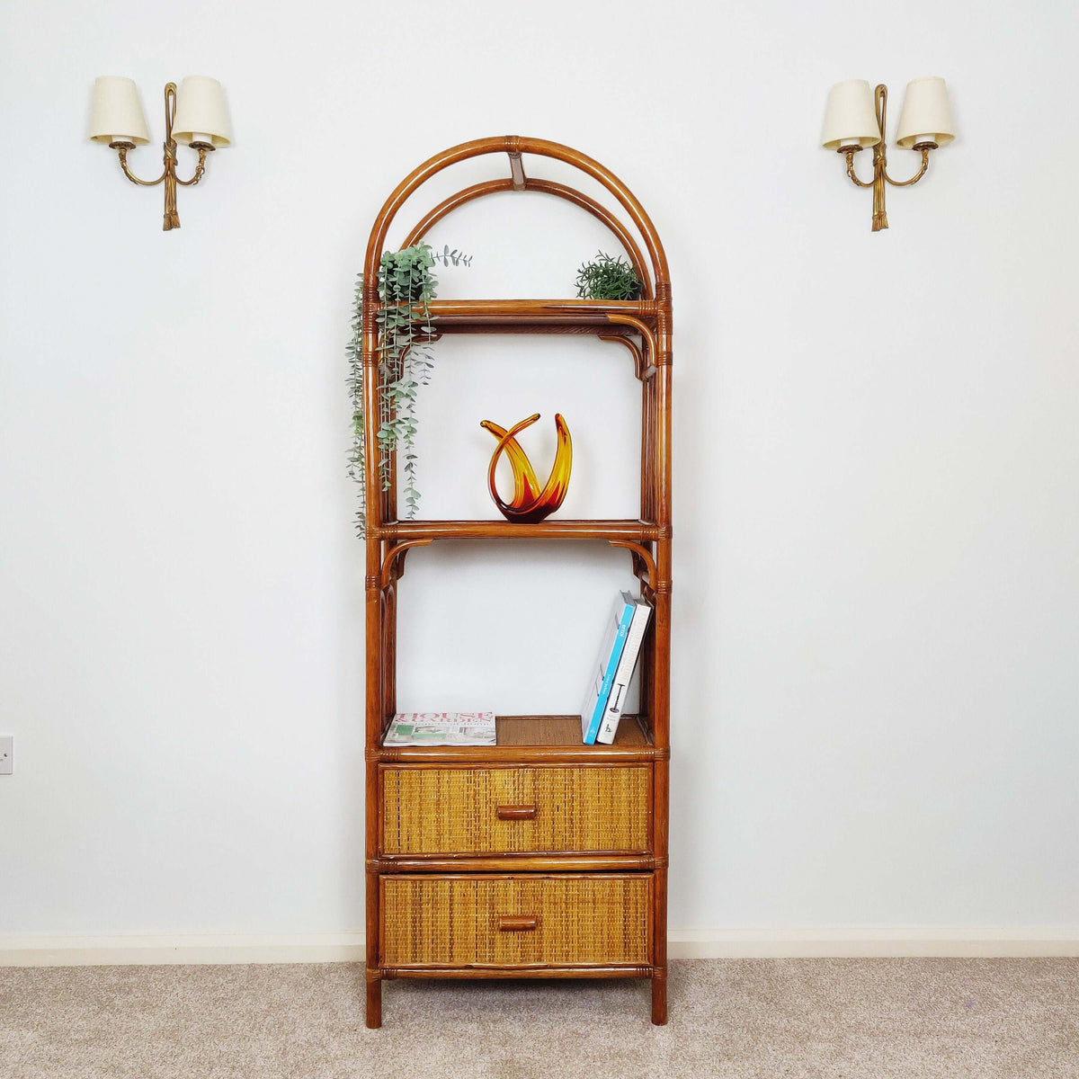 Vintage Rattan Tall Shelving Unit with Drawers